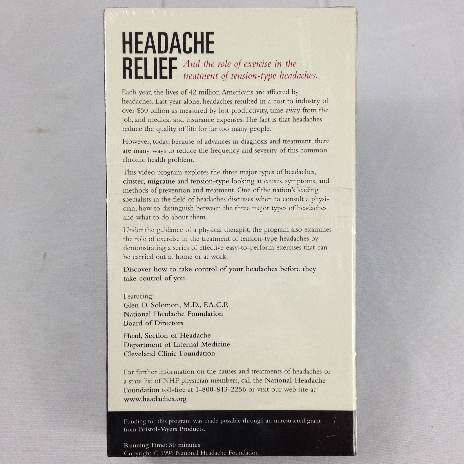 Headache Relief-1996-National Headache Foundation by Bristol Meyers,VHS ...