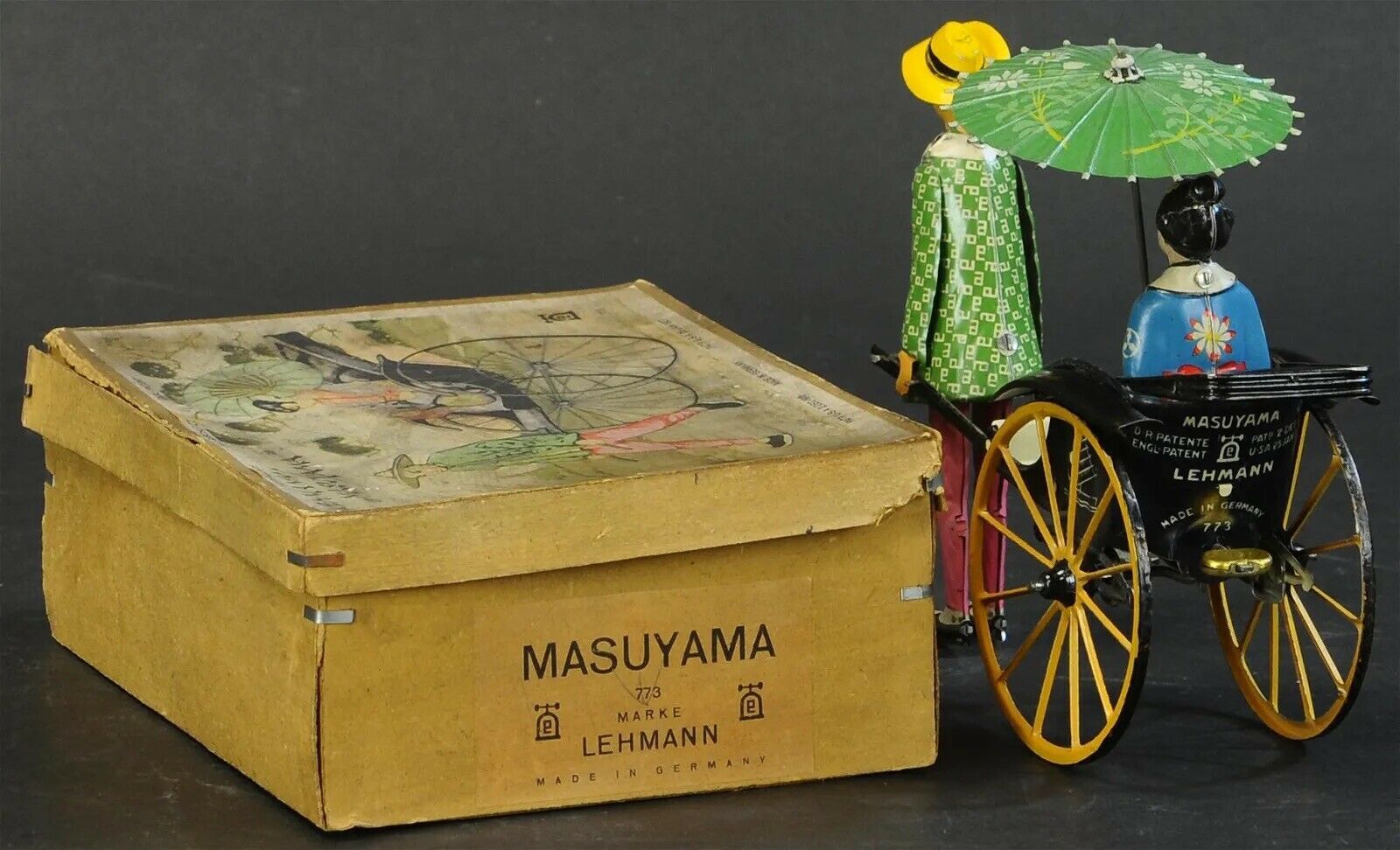 Vintage LEHMANN TIN WINDUP MASUYAMA RICKSHAW w/ ORIGINAL BOX - Wind-up Toys