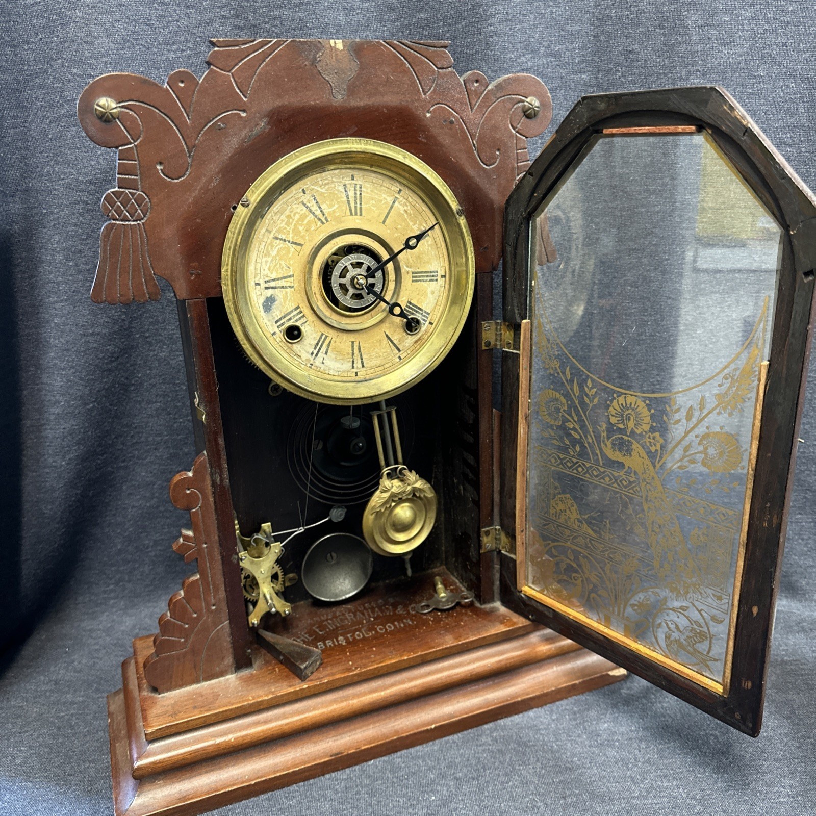 Antique E. Ingraham Clock Co ALARM MANTEL CLOCK, THALIA - Desk, Mantel ...