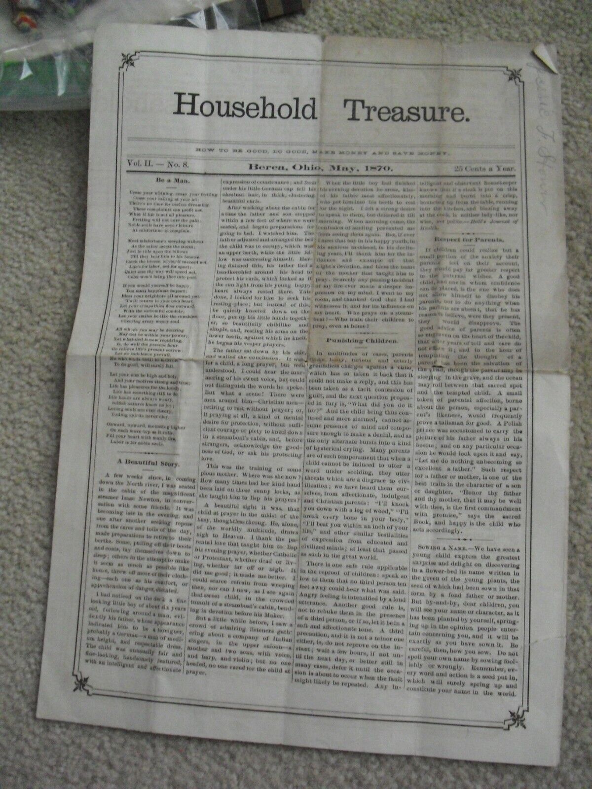Vintage 1870 Newspaper Household Treasures Berea Ohio - Pre-1900