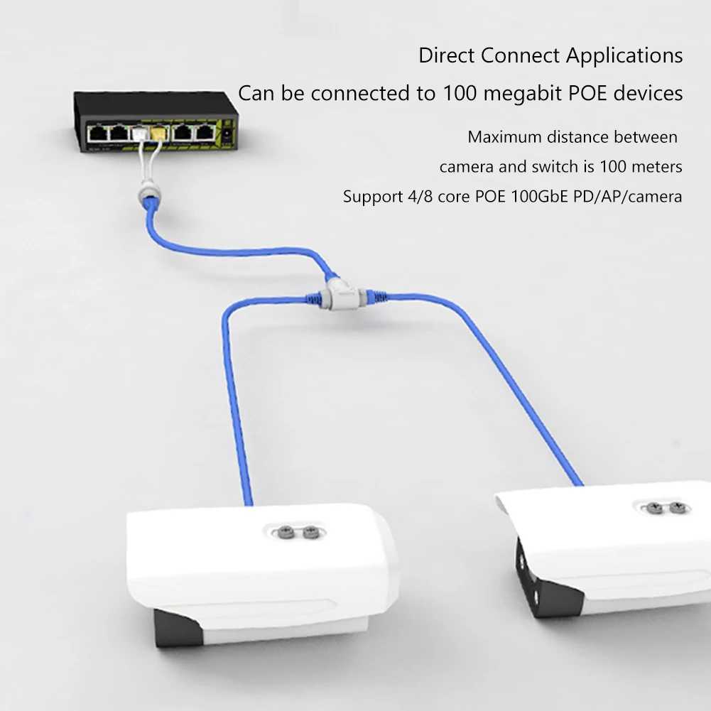 POE Camera Cable Connector Three-way RJ45 2-in-1 Power Connector Dual ...