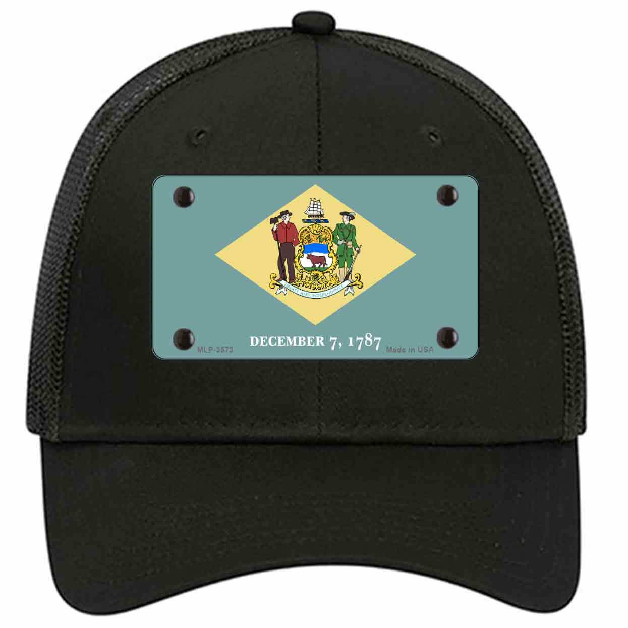 Delaware State Flag Novelty Black Mesh License Plate Hat - Hats