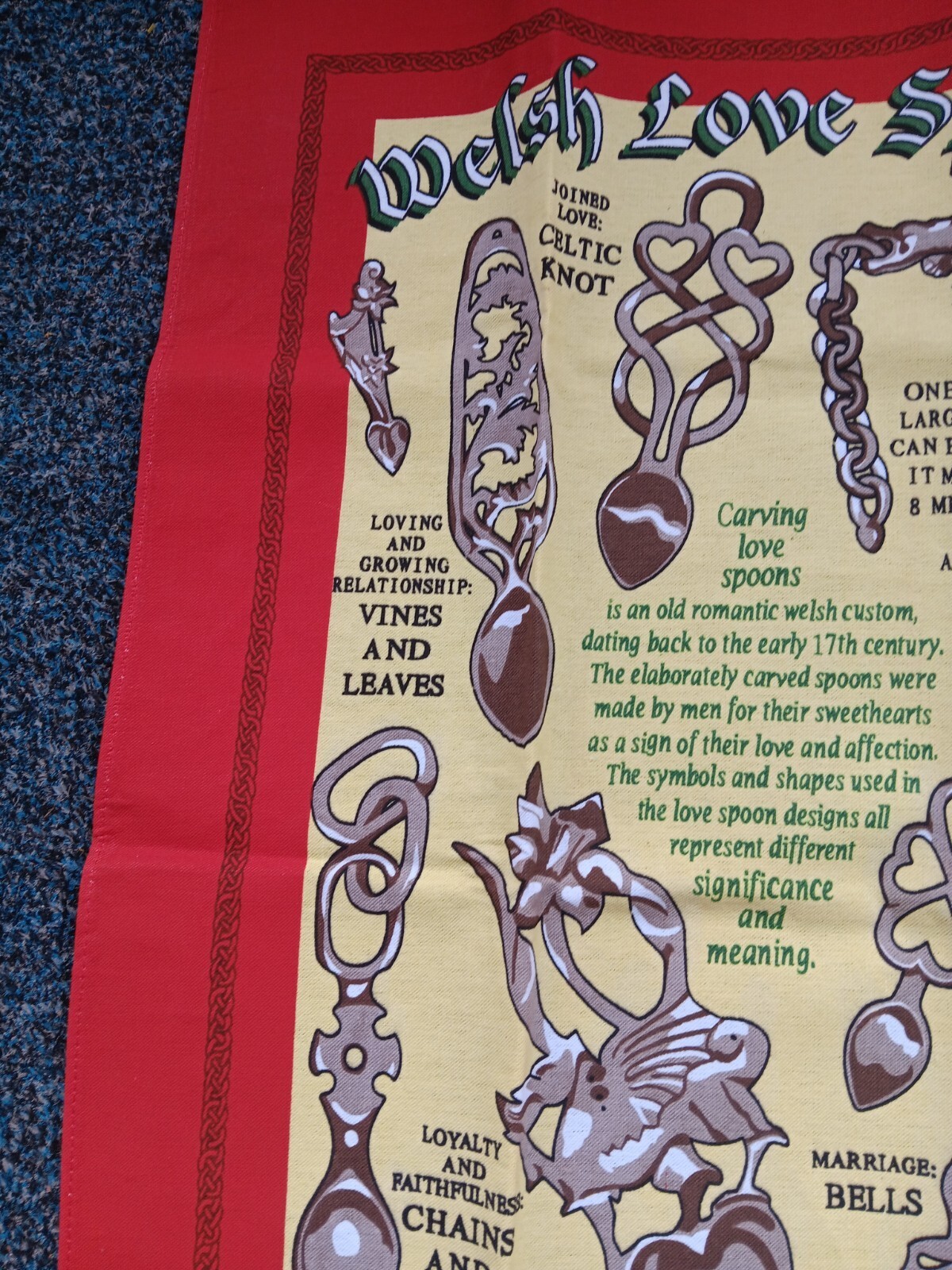 Welsh Love Spoons Tea Towel Messages of Handle Carvings Celtic Dragon ...