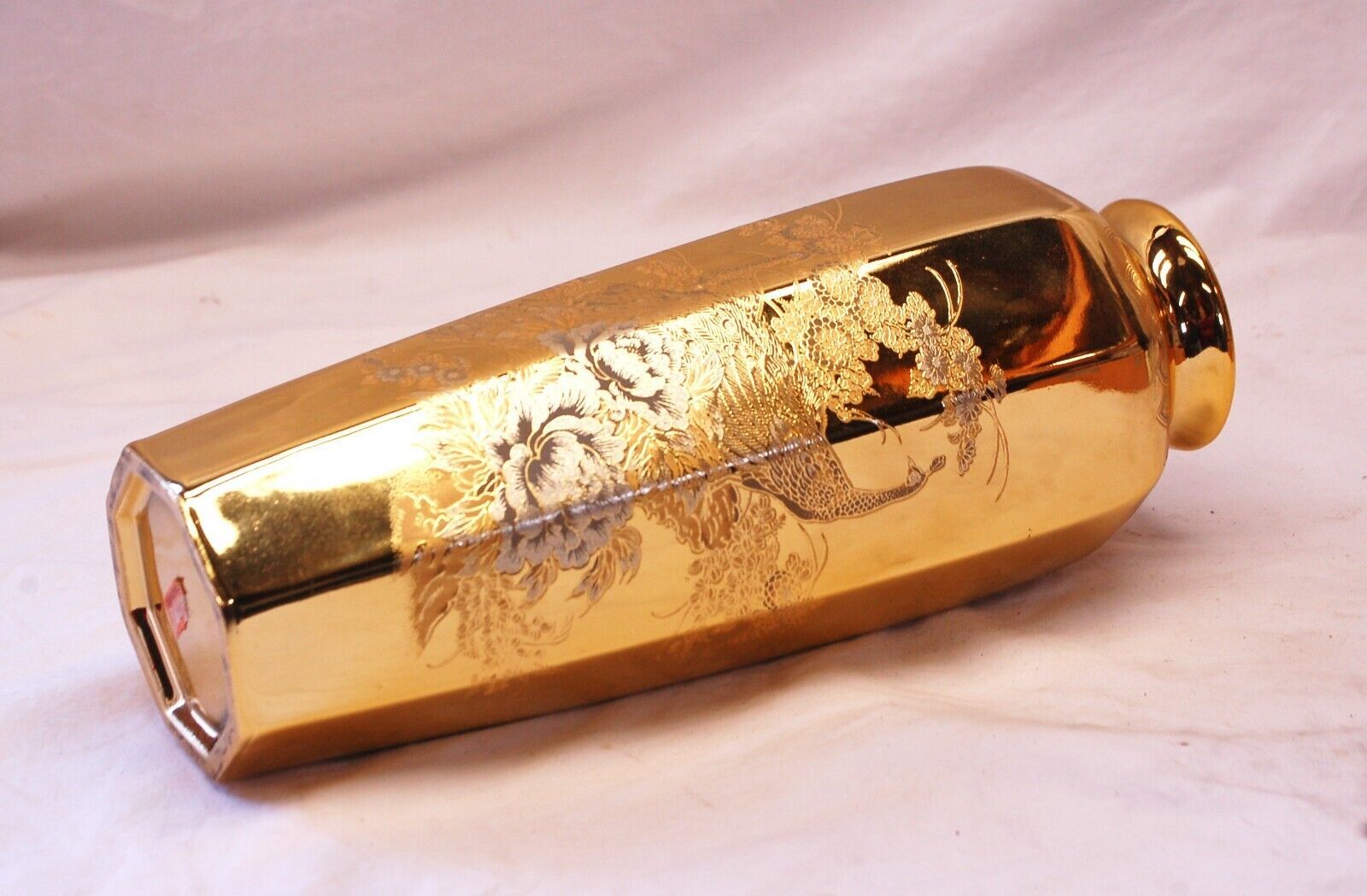 Gold Tone Peacock Floral Ceramic Octagon Vase Japan - Vases