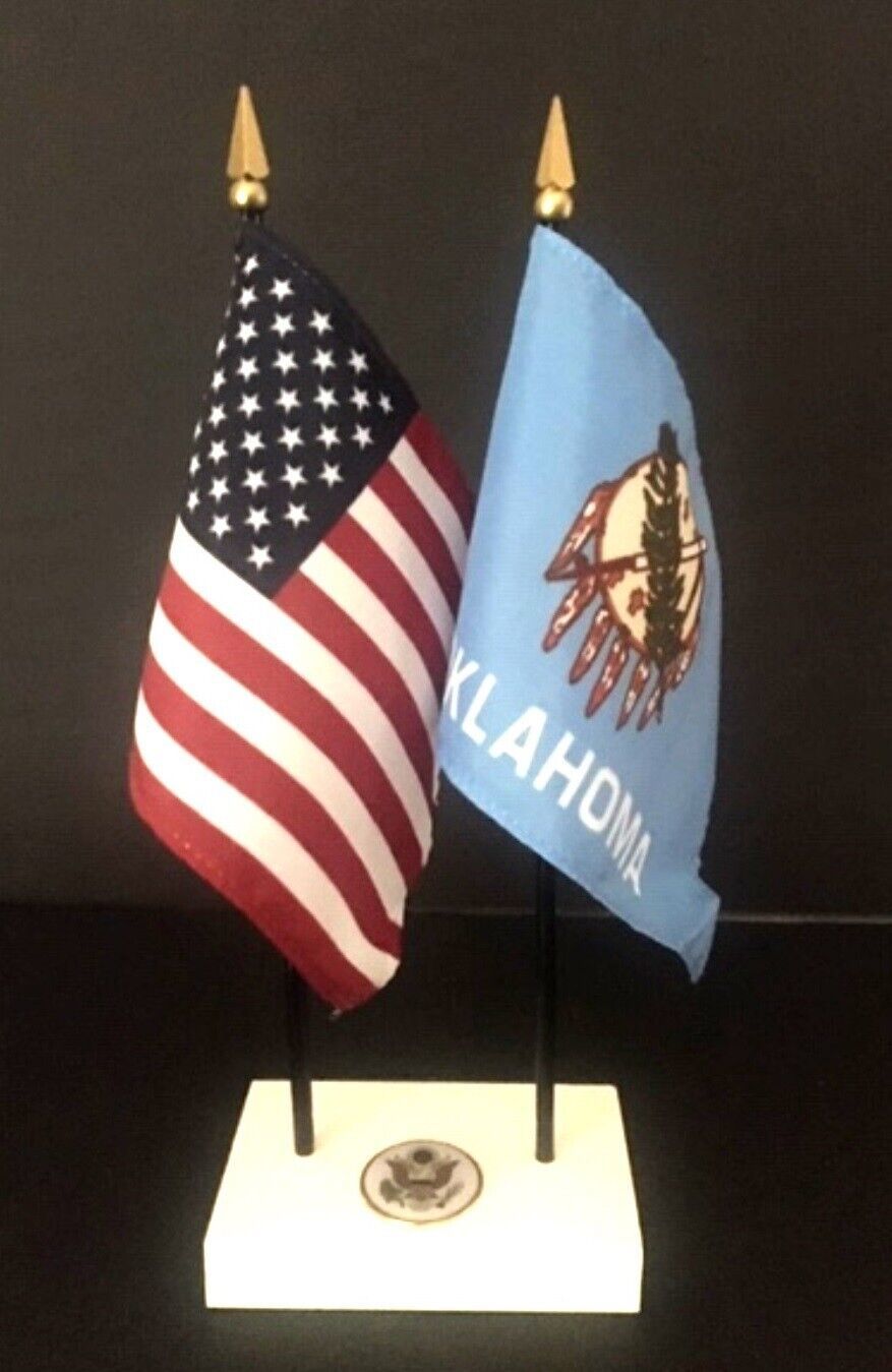 USA & Oklahoma 4"x6" Office Desk Flag Executive Set; 2 Flags, Base w ...