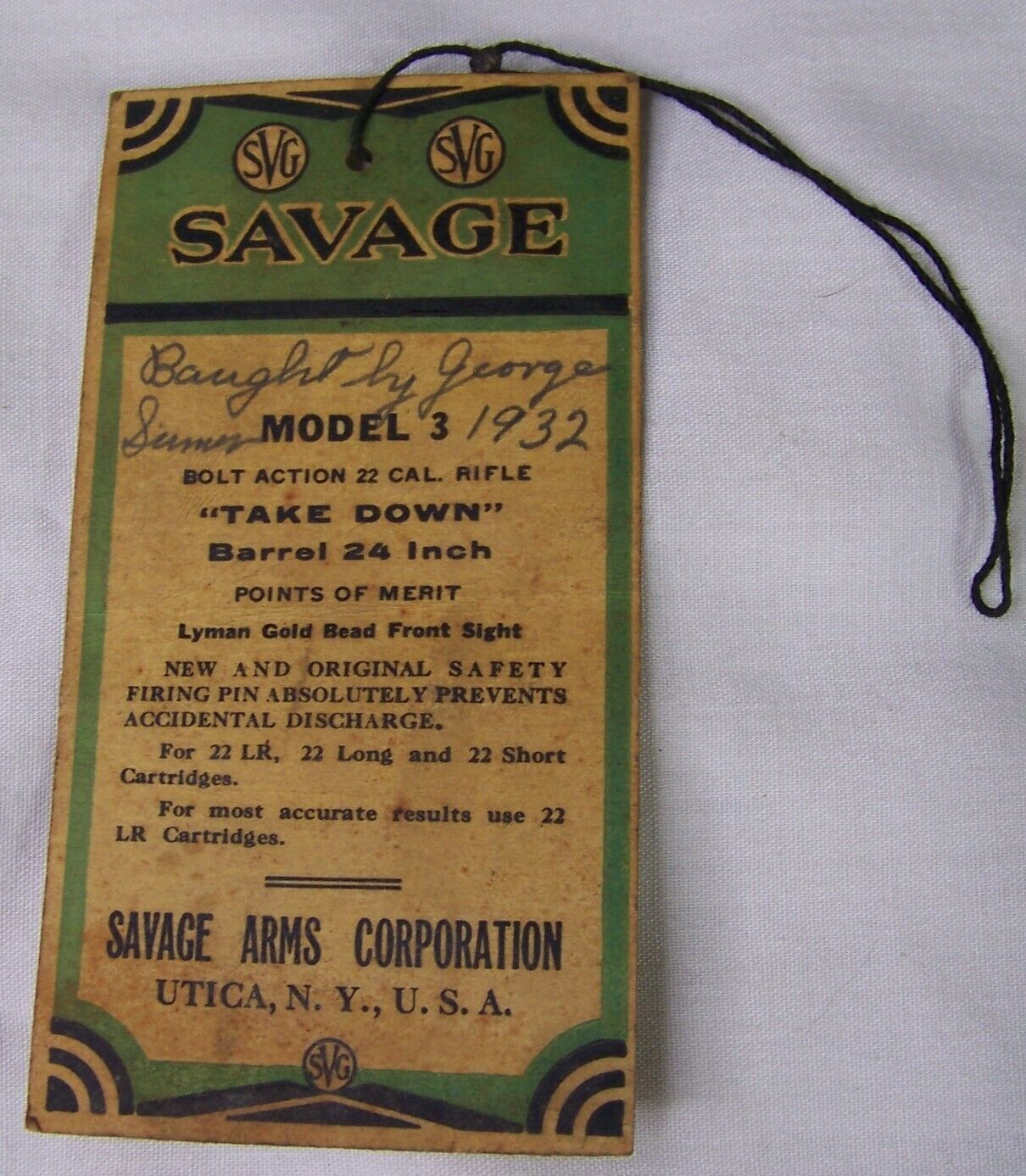 1932 SAVAGE MODEL 3 .22 CAL TAKE DOWN RIFLE GUN ADVERTISING HANG TAG ...