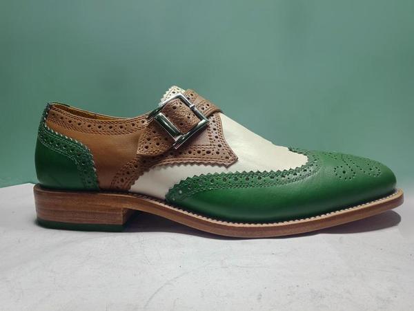 Handmade Men Multi with Green color Monk Brogue Wingtip Men's wear ...
