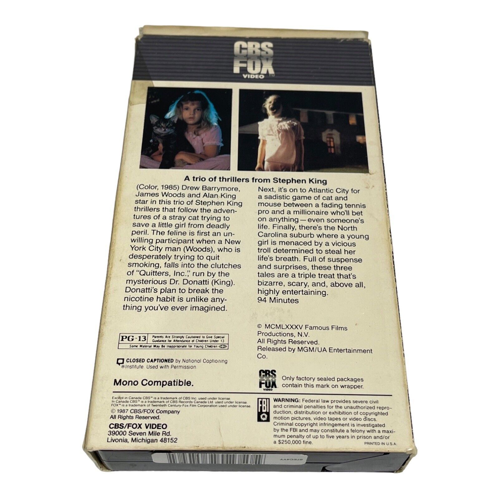 Cats Eye VHS Hi Fi Release 1987 Stephen King and 50 similar items