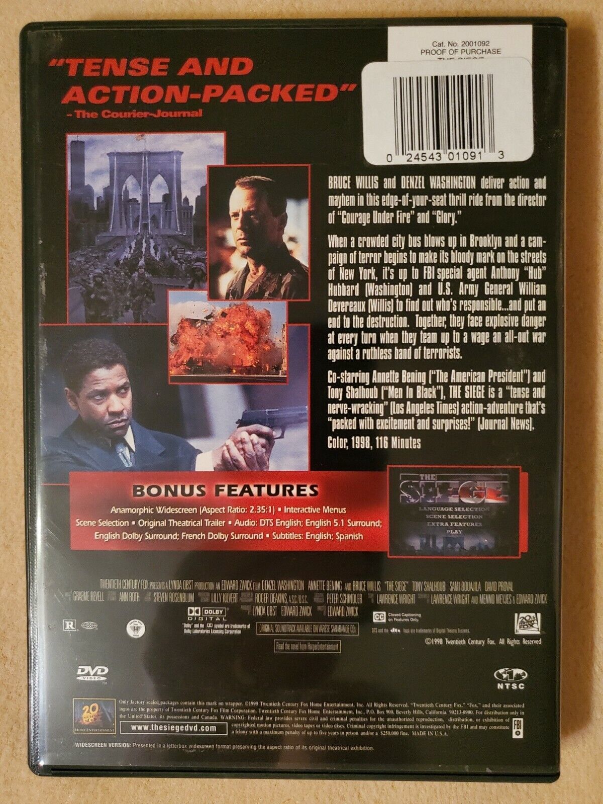 The Siege (DVD, 2000, Widescreen) Denzel Washington & Bruce Willis ...