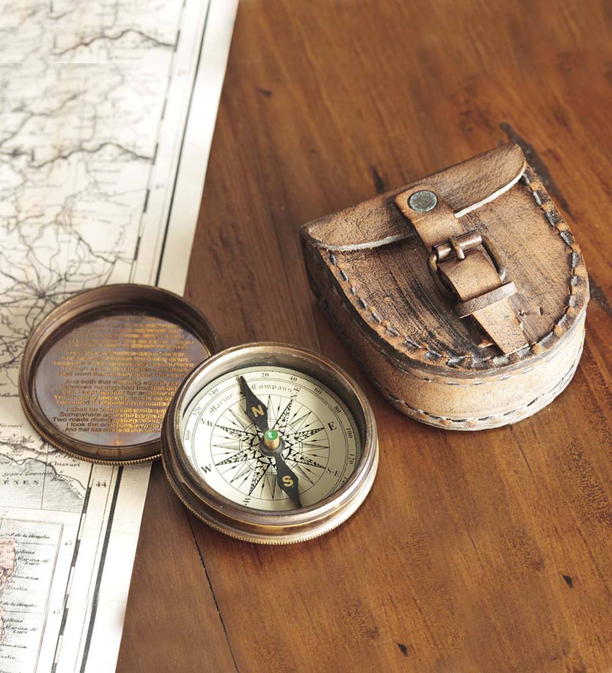 NauticalMart Antiqued Brass Poem Compass With Leather Case - Compasses