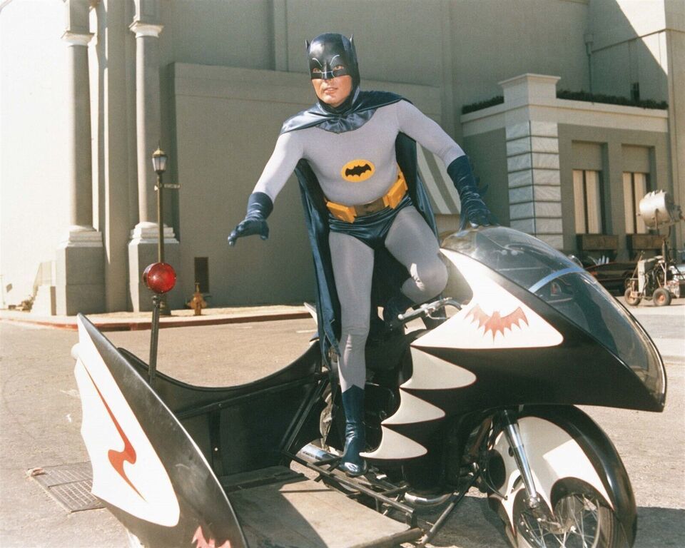 Batman TV Adam West full length standing on Batcycle on set 11x14 photo ...