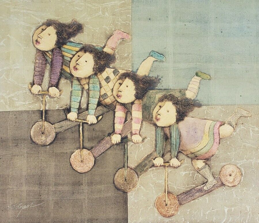 Rare Signed J. Roybal - 4 Girls Riding on Scooters - Child Art Painting ...