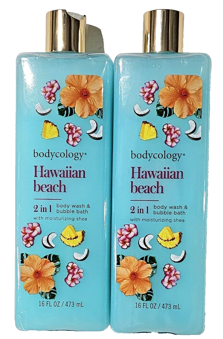 2 Pack Bodycology Hawaiian Beach 2in1 Body Wash Bubble Bath Shea 16oz