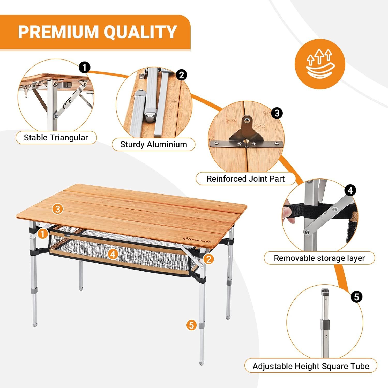 Kingcamp Bamboo Folding Table Lightweight Camping Table With Storage, 5 ...