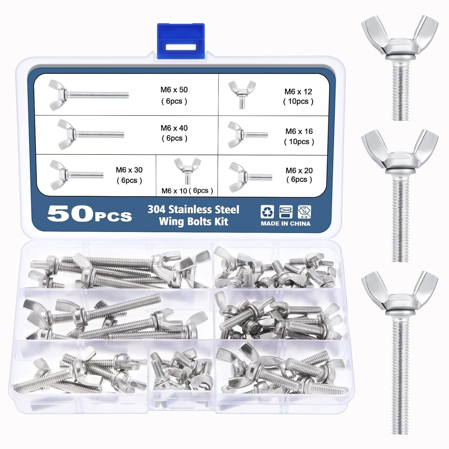 Ocr 50 Pc. Wing Screws Assortment Kit, Metric M6 Wing Bolt Fasteners ...