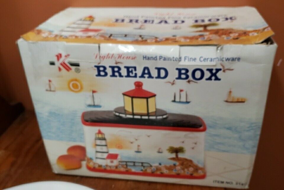 New matching ceramic lighthouse cookie jar, bread box & 3 piece ...