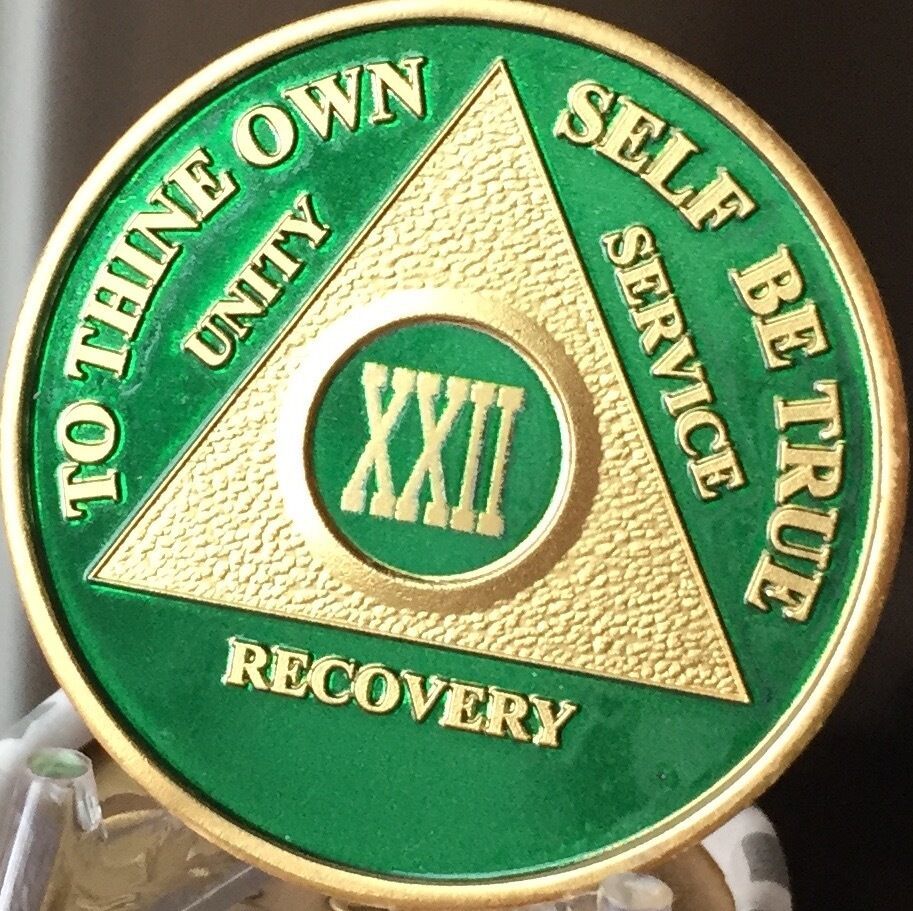 22 Year AA Medallion Green Gold Plated Alcoholics Anonymous Sobriety ...