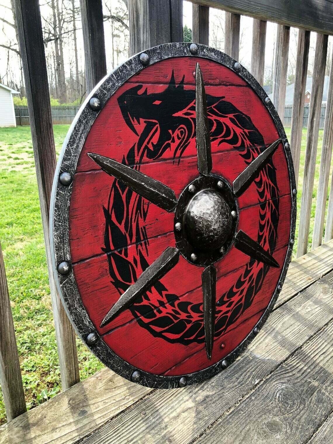 Medieval Knight Replica RED Ouroboros Battleworn Wooden Viking Round ...