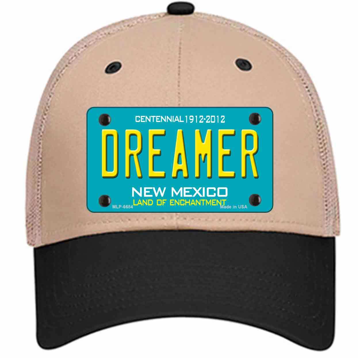 Dreamer New Mexico Novelty Khaki Mesh License Plate Hat - Hats
