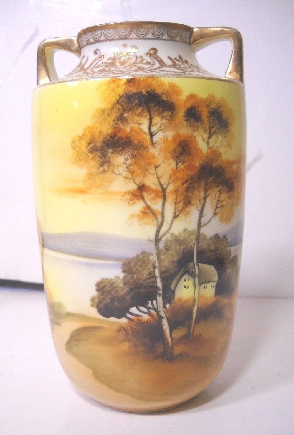 Nippon 7 inch Hand Painted Scenic Gilt Handled Vase Morimura Mark circa ...