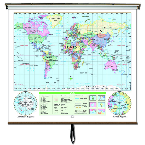 World Essential Classroom Wall Map on Roller w/ Backboard - Maps & Atlases