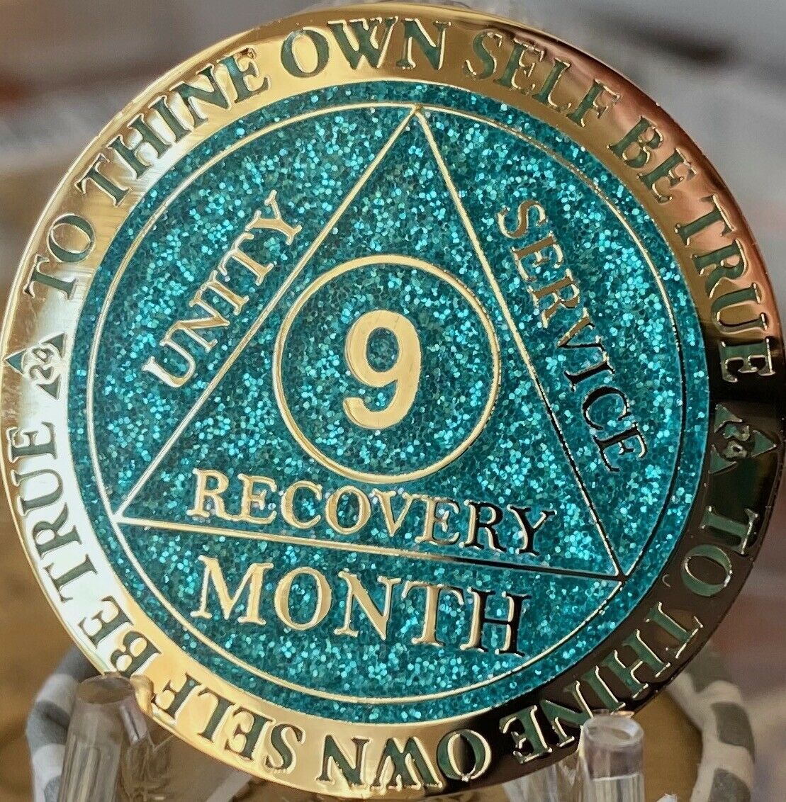 9 Month AA Medallion Recoverychip Reflex Aqua Glitter Sobriety Chip ...