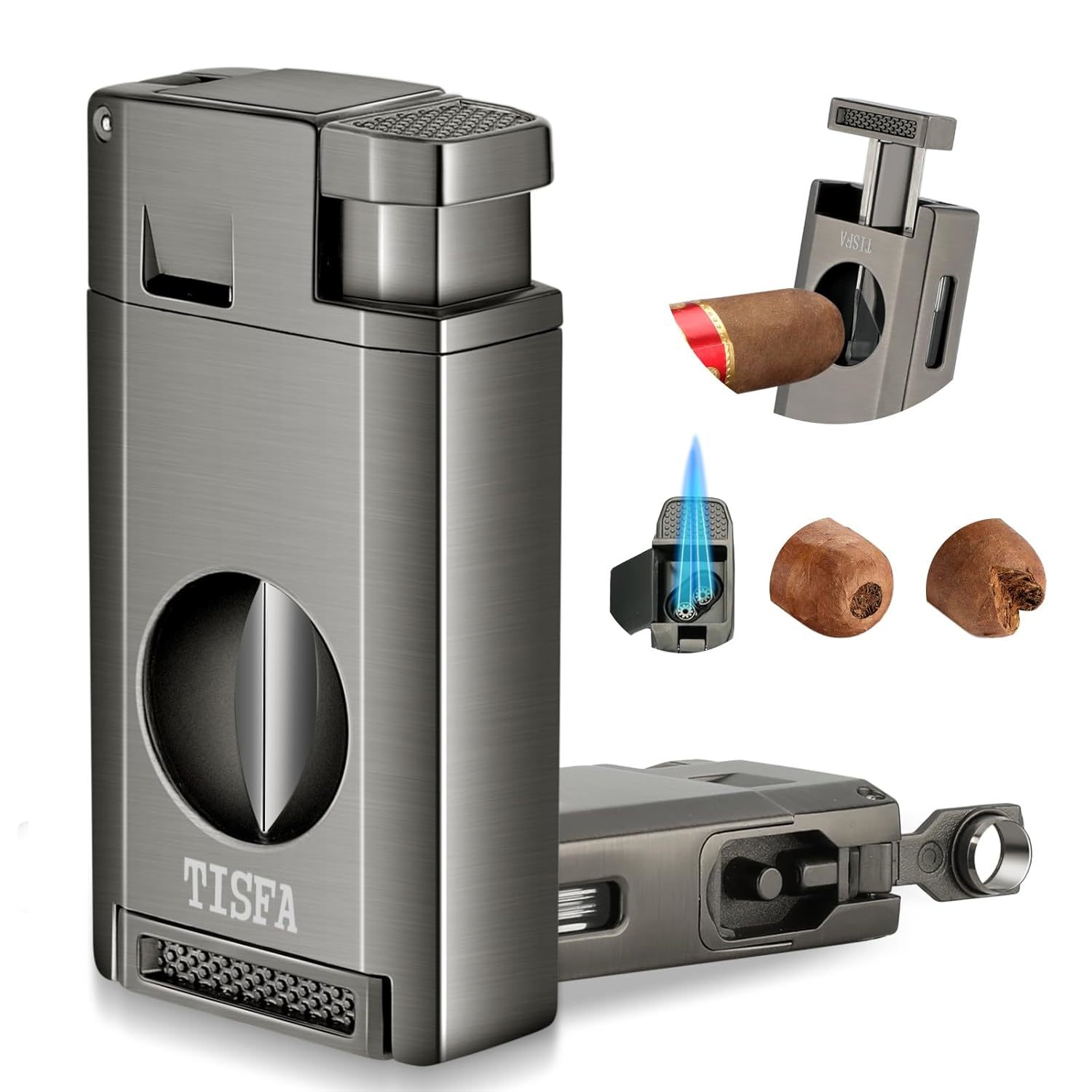 Torch Lighter With Cigar Cutter V Cut, Cigar Punch, Double Jet Flame ...