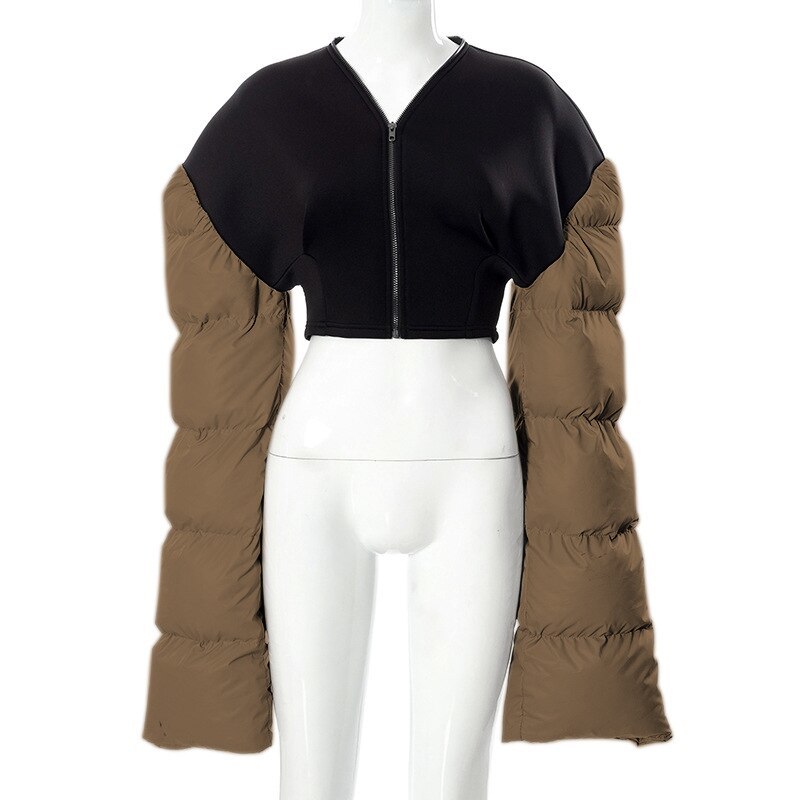 ANJAMANOR Extra Long Sleeve Zip Up Cropped Puffer Jacket Streetwear ...