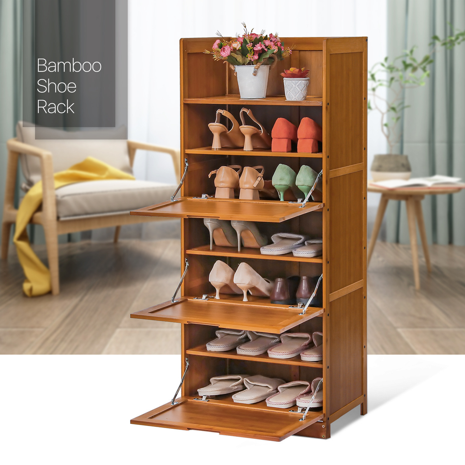 20"Entryway Bamboo [Enclosed Edge] Shelf 7-Tier Drop Down Door Shoe ...