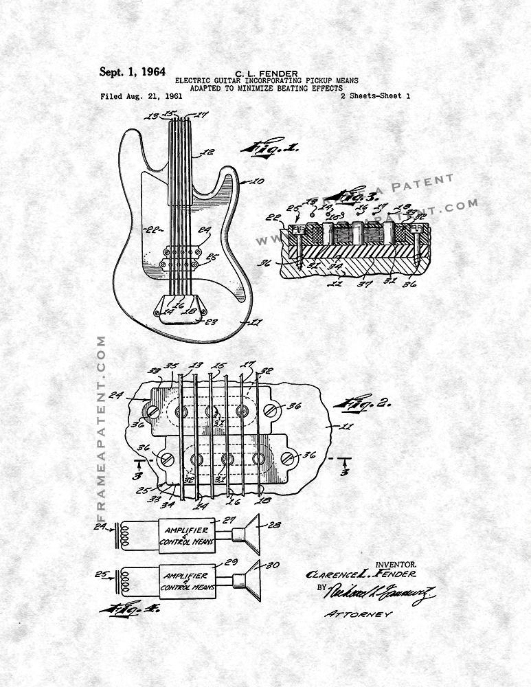 Clarence Fender Electric Guitar Patent Print - Gunmetal - Art Posters