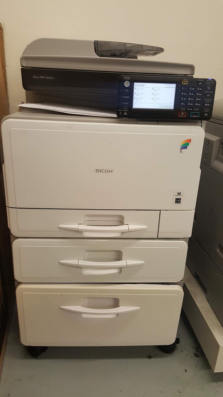 Ricoh Aficio MP C305SPF Multifunction Copier, 2 trays, storage - Copiers