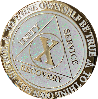 10 Year AA Medallion Reflex White Glitter Alcoholics Anonymous Sobriety ...