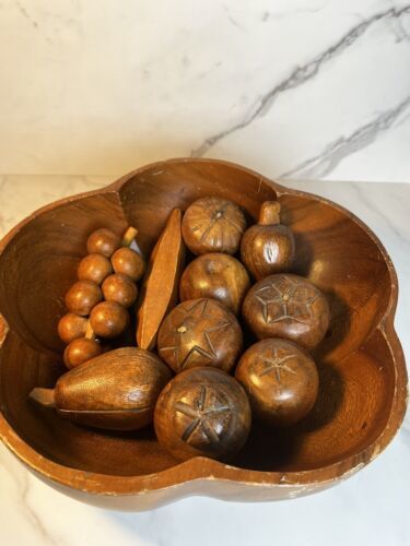 Vintage 1970's MCM MONKEY POD hand-carved wood fruit and vegetable bowl ...
