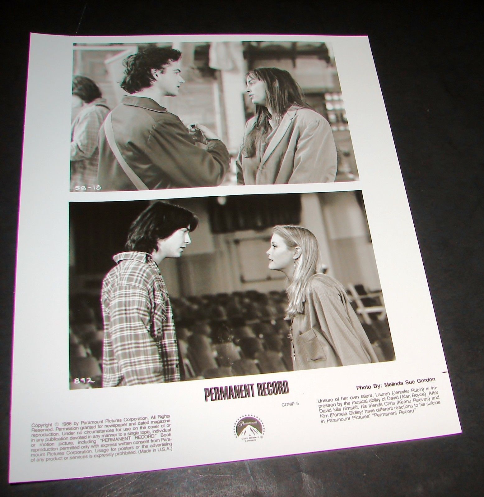 1988 Movie PERMANENT RECORD Press Photo KEANU REEVES Pamela Gidley Alan ...