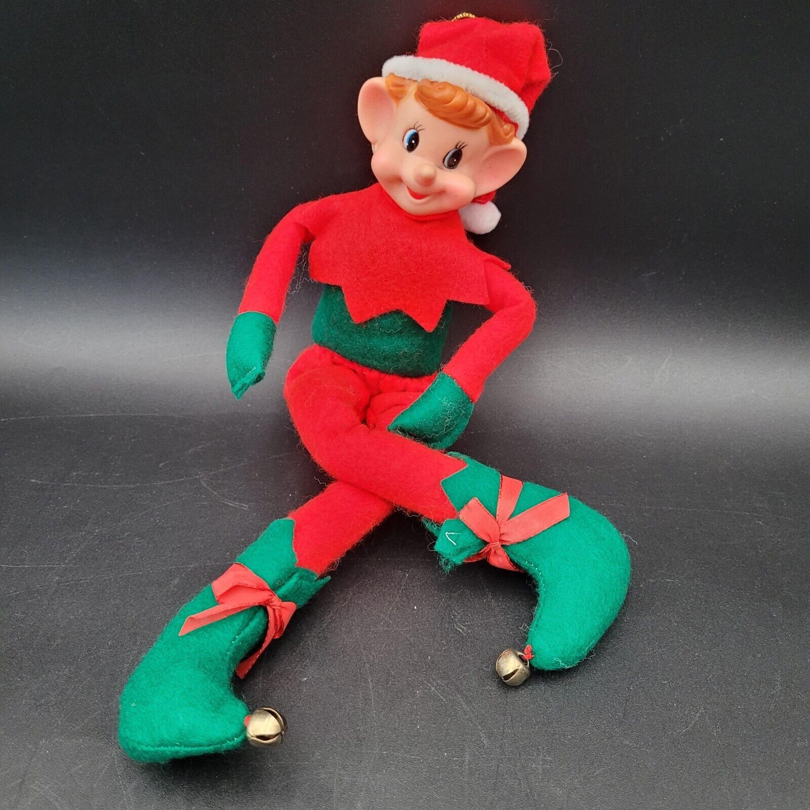 Vintage Rubber Faced Felt Plush Elf Doll Figurine Sitter Christmas 16 ...