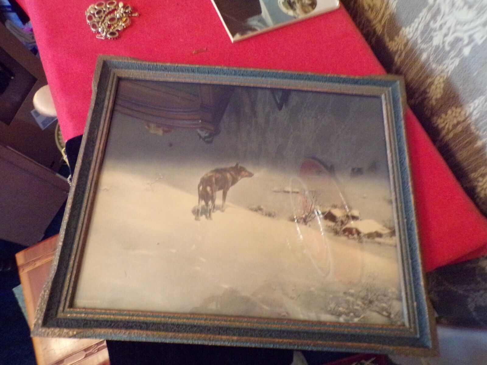 Vintage Lone Wolf Litho Winter Scene in Frame - Art Prints