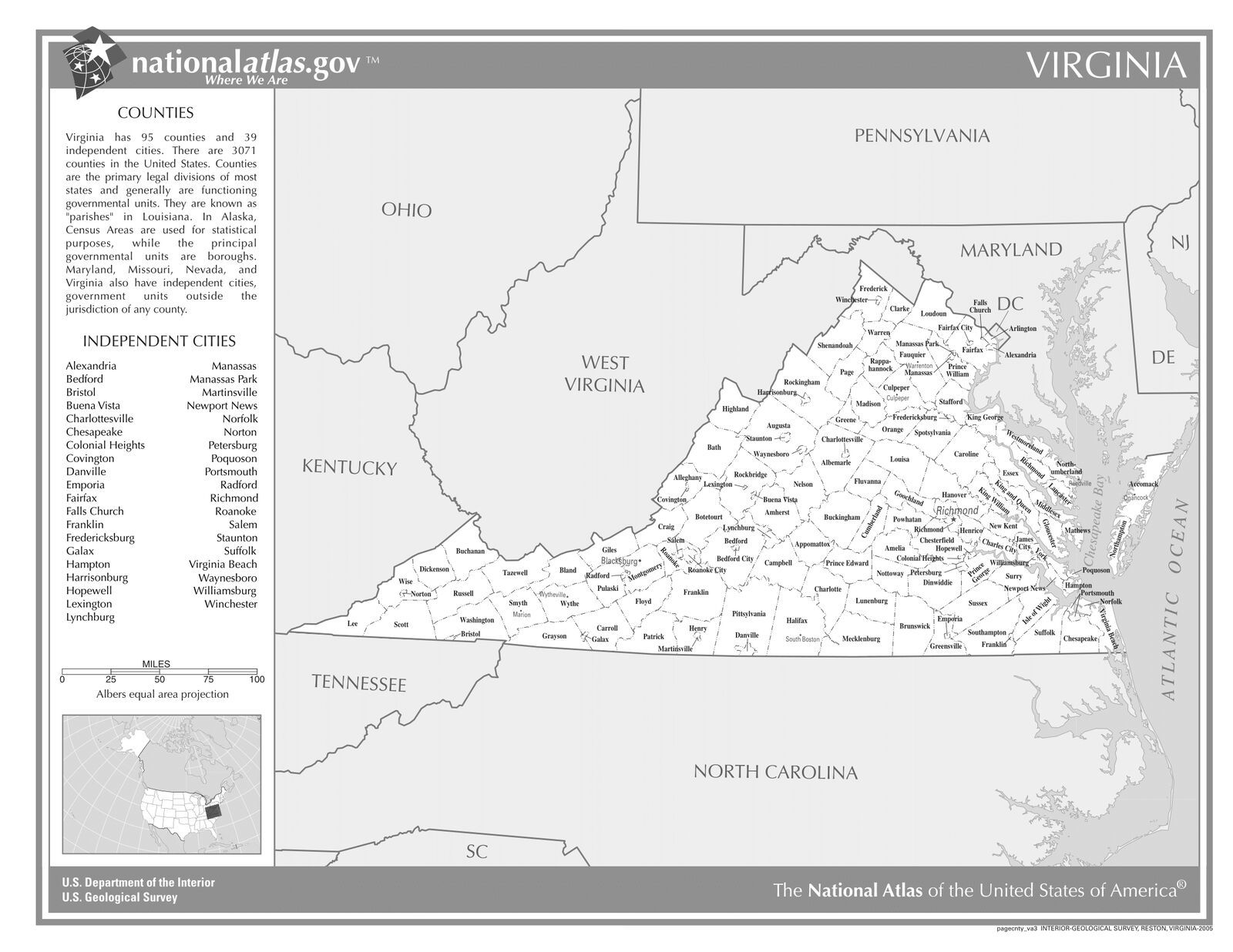 Virginia State Counties w/Cities (Black&White) Laminated Wall Map ...