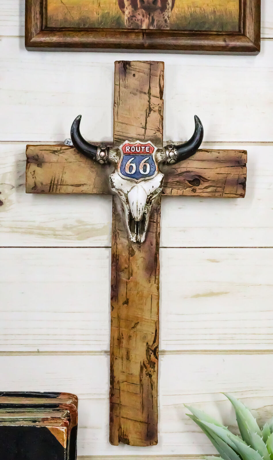 Rustic Western Cow Skull Nostalgic Route 66 Highway Sign Faux Wooden ...