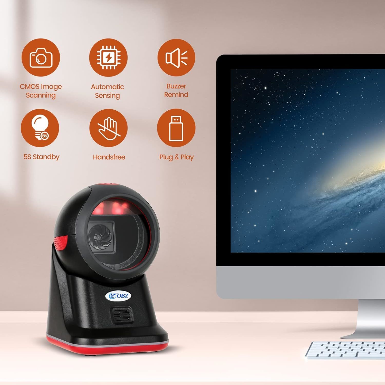 Obz 1D 2D Qr Hands-Free Barcode Scanner, Omnidirectional Automatic ...