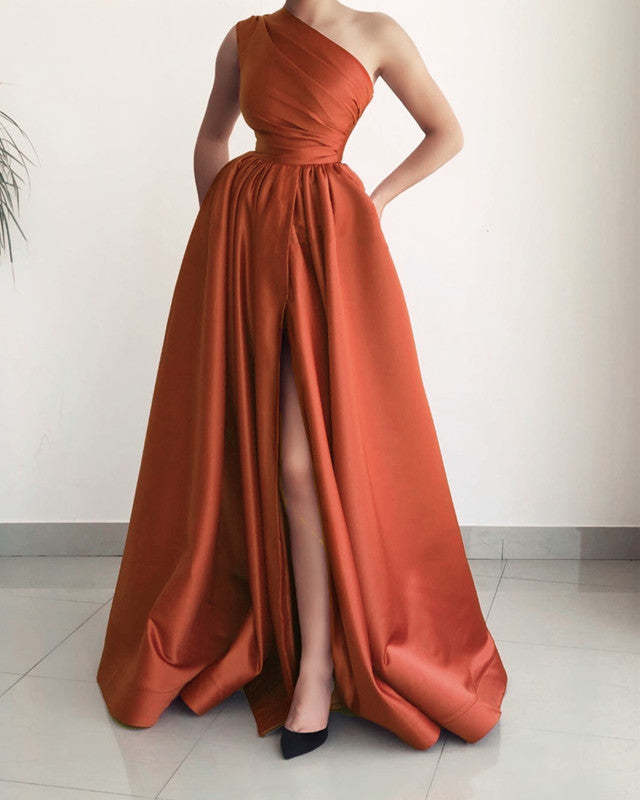 One Shoulder Evening Dresses Satin Split Formal Party Gown with Split ...