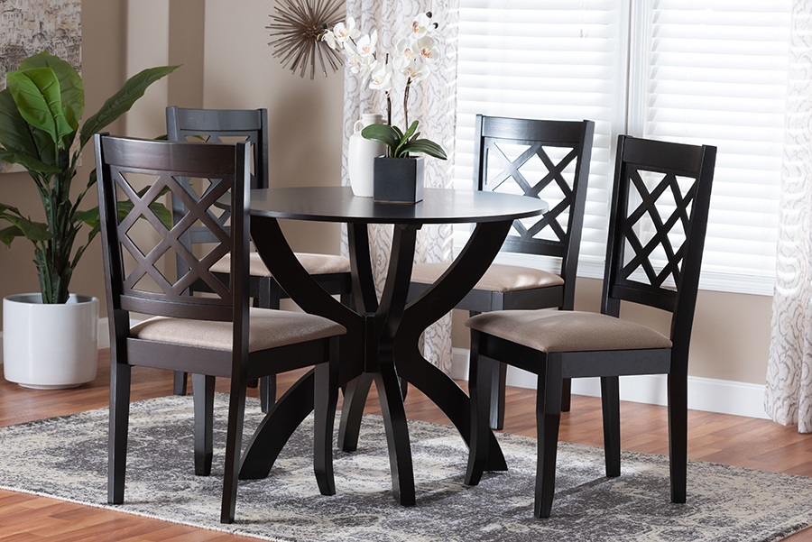 Tabitha Modern Grey Fabric and Dark Brown 5-Piece Dining Set - Benches ...