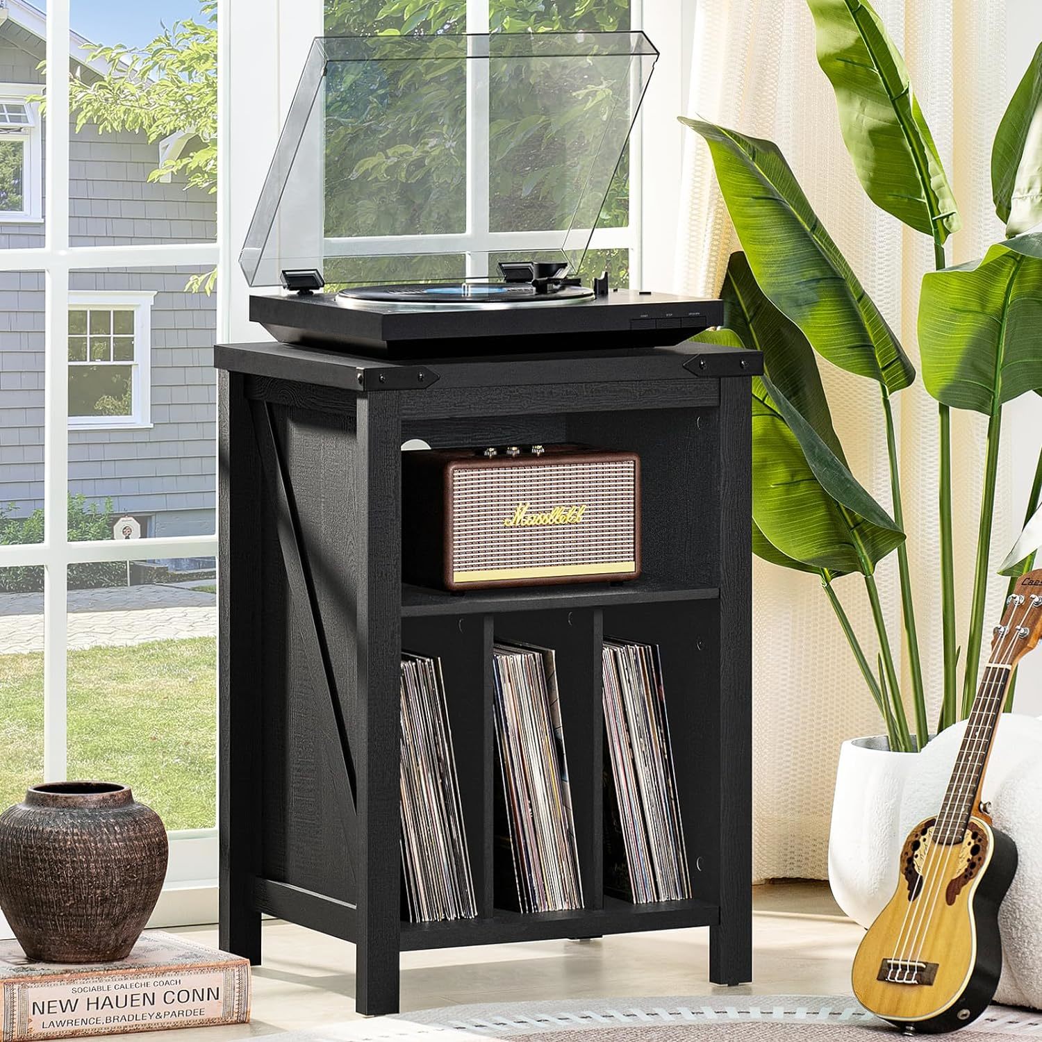 Record Player Stand With Vinyl Record Storage,Black Record Player Table ...