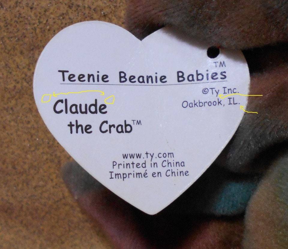 Ty Teenie Beanie Baby "Claude the Crab" w/Errors, Rare 1993 HK, Old ...