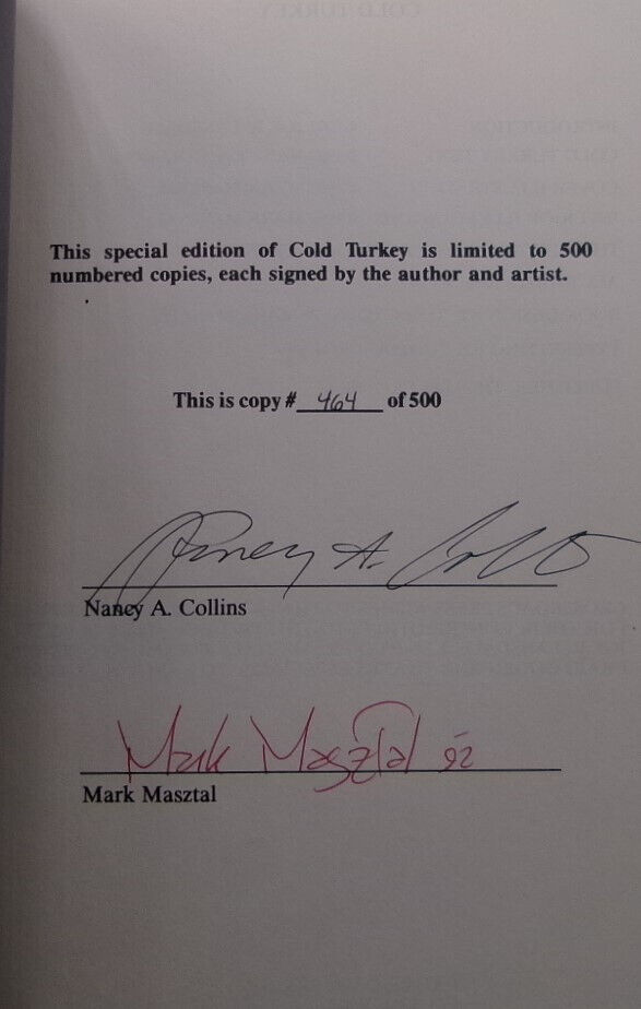 Nancy Collins COLD TURKEY First ed Signed by 2 Ltd Masztal Art Horror ...