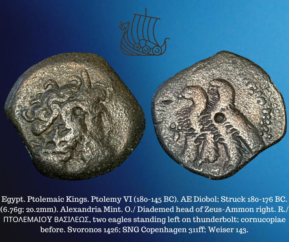 180-145 BC Ptolemaic Ancien Égypte AE Diobol Ptolémée VI Aigle & Zeus 6 ...