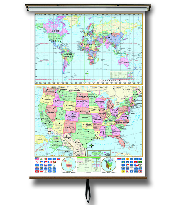 US/World Stacked Wall Map on Roller w/ Backboard - Maps & Atlases