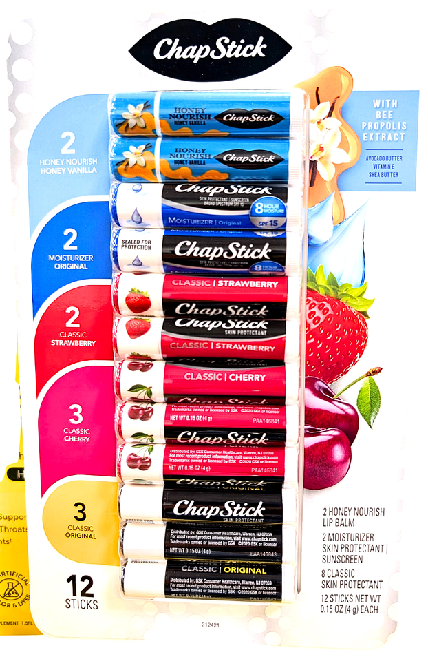 ChapStick Variety Pack Honey Vanilla Original Strawberry & Cherry 12 Ct ...