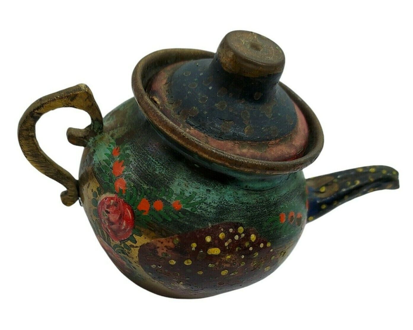 Vintage Mini Teapot Brass Hand Painted Floral cottagecore rustic patina ...