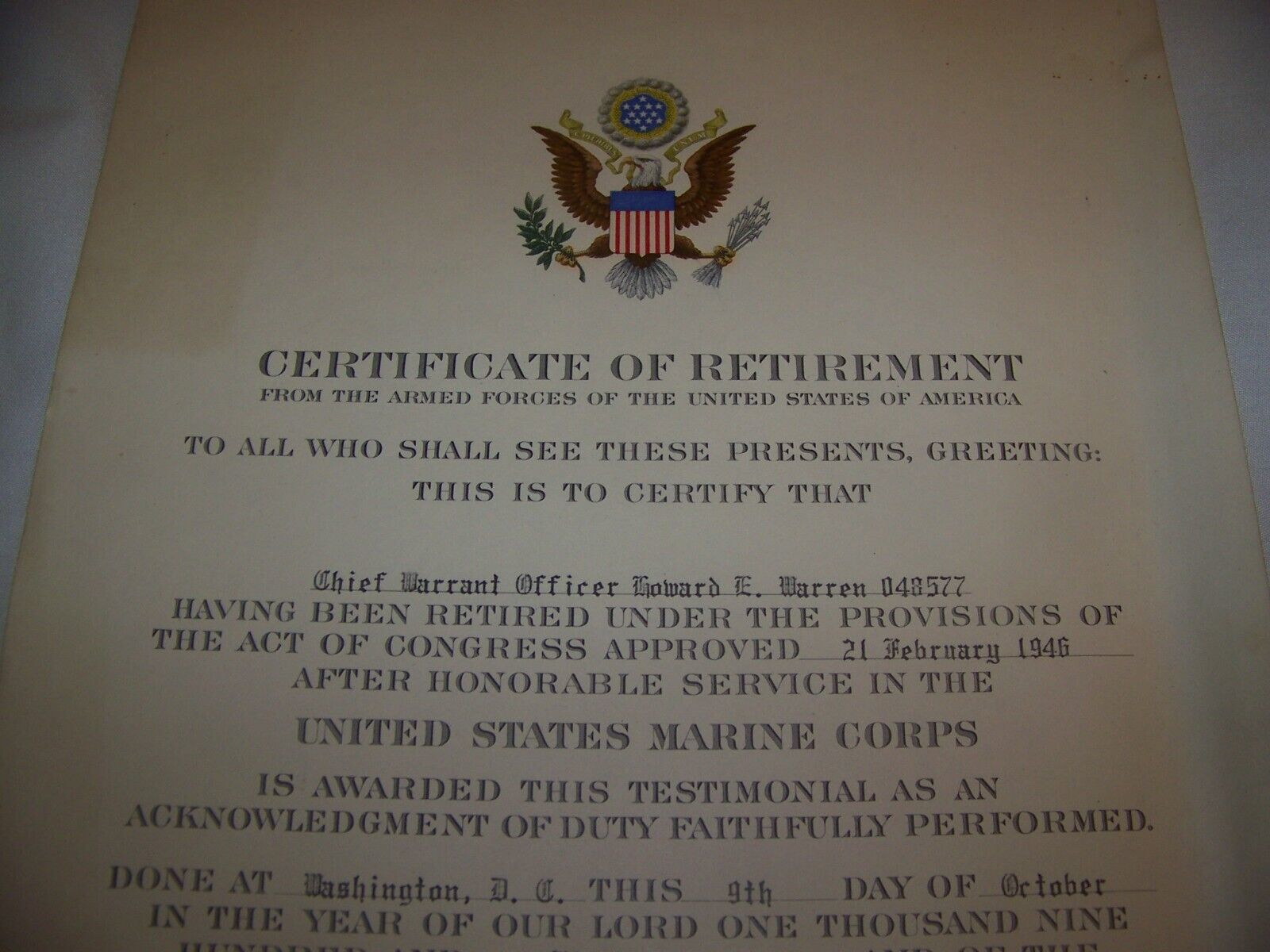 1957 USMC MARINE CORP CHIEF WARRANT OFFICER RETIREMENT CERTIFICATE ...