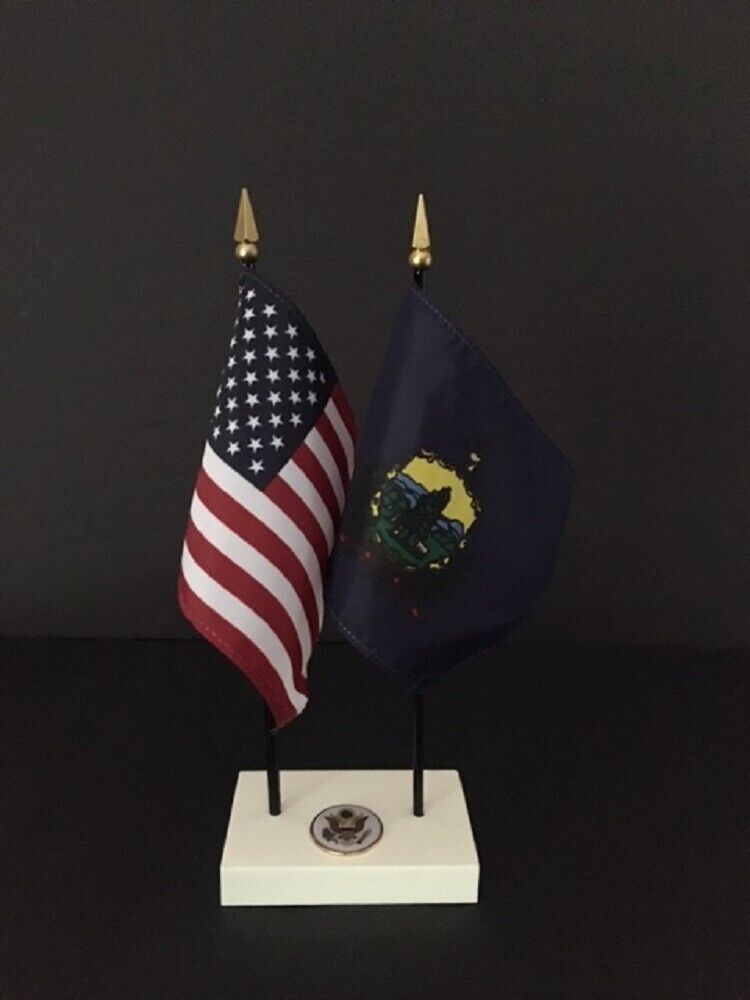 USA & Vermont 4"x6" Office Desk Flag Executive Set; 2 Flags, Base w/USA ...